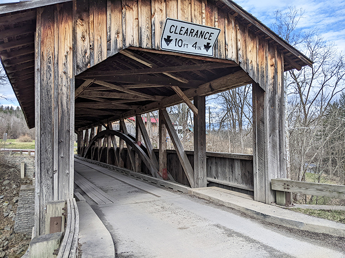 Bare winter trees frame this historical treasure. The bridge's wooden sides have weathered countless seasons while protecting its internal structure.