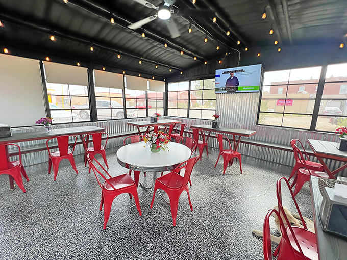 The covered patio at Sid's offers all the charm of outdoor dining without the Oklahoma sun trying to cook you as thoroughly as the burgers.