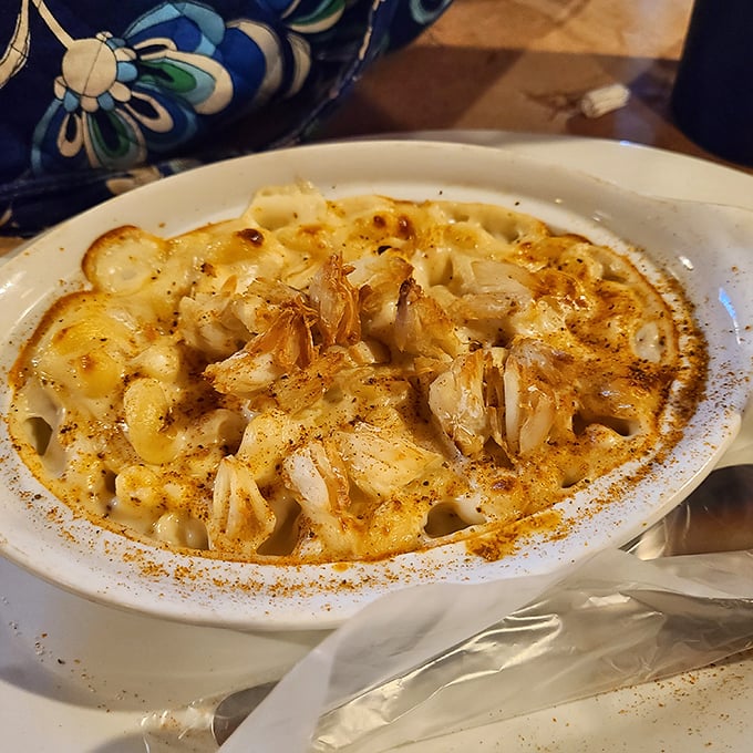 Crab mac and cheese that doesn't just combine two comfort foods&mdash;it elevates them into something transcendent, with visible lumps of crab throughout.