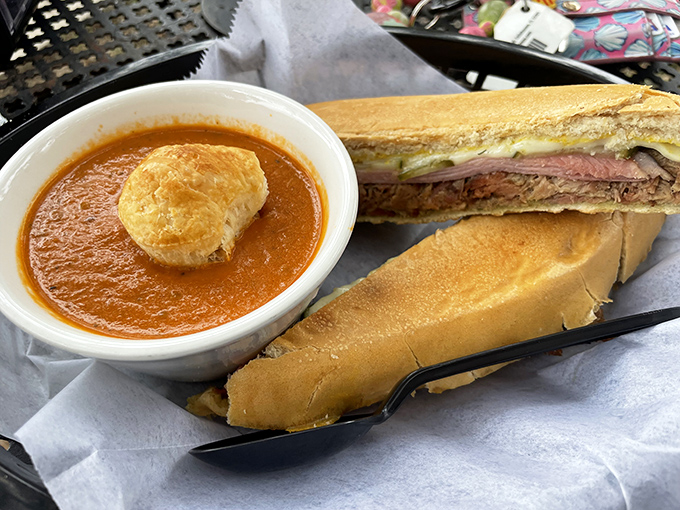 A Cuban sandwich and tomato soup combo that makes you question why this pairing isn't enshrined in the comfort food hall of fame.