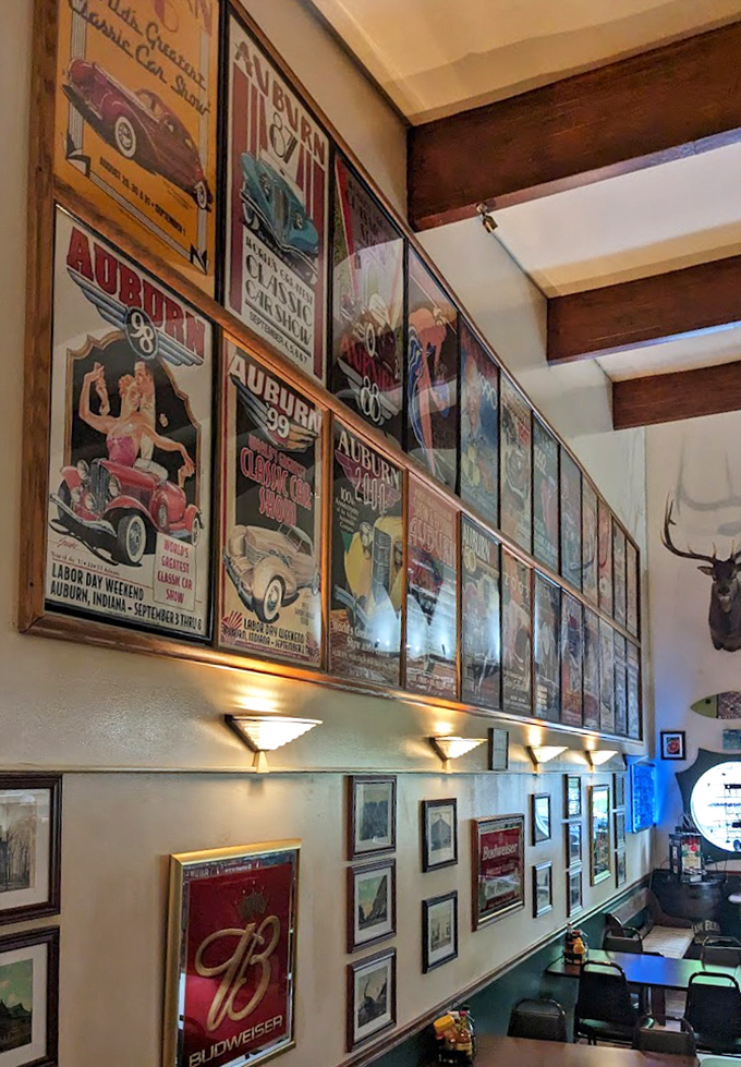 Auburn's automotive heritage adorns the walls, a gallery of vintage posters that reminds you great things have always come from small Midwestern towns&mdash;including this restaurant. 
