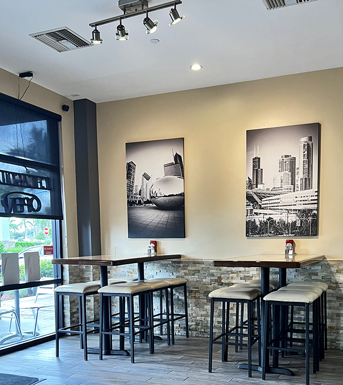 High-top tables and Chicago cityscape photos &ndash; a little slice of Wrigleyville that somehow landed in paradise.