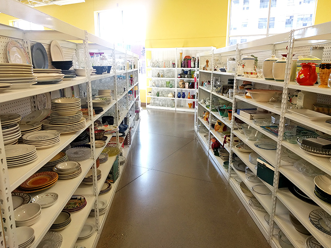 Dish department dreams come true in these orderly aisles. From everyday plates to forgotten china patterns, setting a memorable table has never been more affordable.