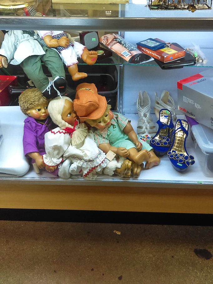 Vintage dolls gather for their eternal tea party, each one a time capsule of childhood memories.