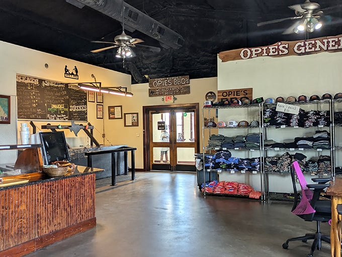 The entrance to meat paradise, complete with merch for those who want to take the Opie's experience home. T-shirt calories don't count.