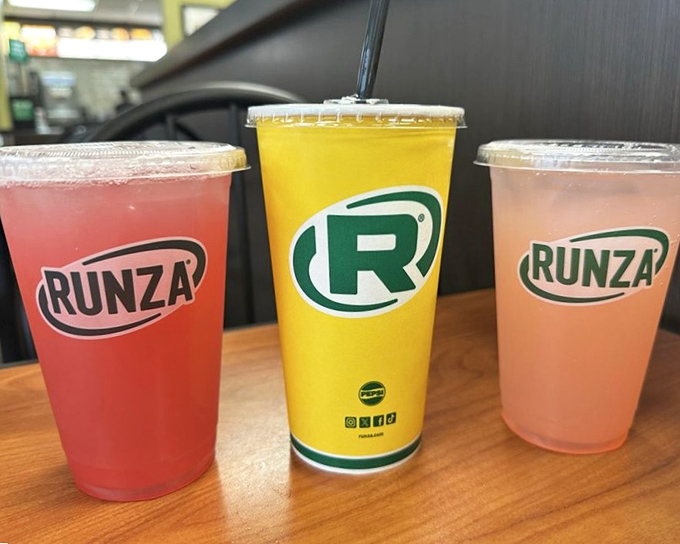 Colorful drinks in branded cups&mdash;because even your beverage should know it's in Runza territory now.