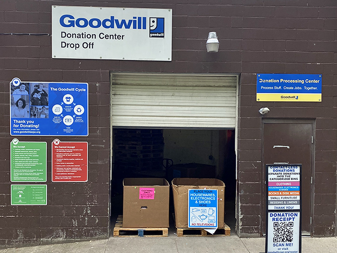 The donation drop-off area&mdash;where yesterday's impulse purchases begin their journey toward becoming someone else's perfect find.