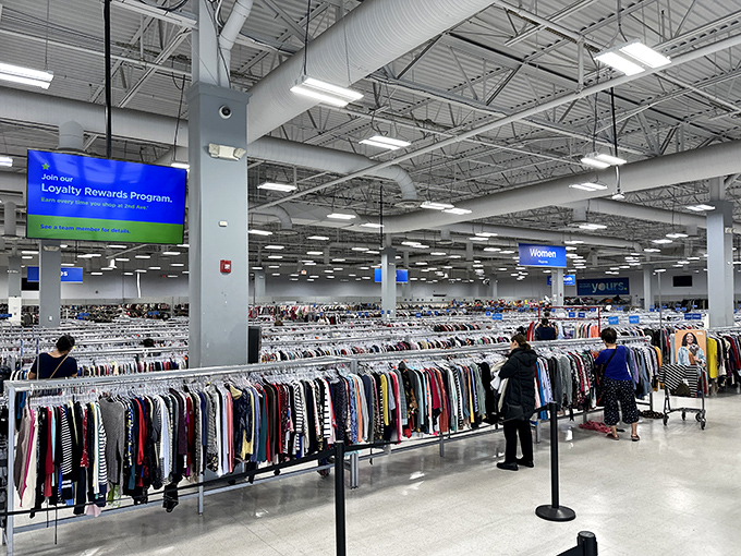 Welcome to the clothing cosmos! Clearly marked sections and organized racks make navigating this thrifting mothership surprisingly manageable.
