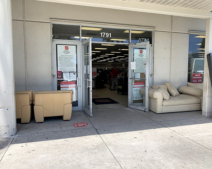 Even the entrance offers a preview of treasures within&mdash;those cream sofas outside are just appetizers for the furniture feast that awaits inside.