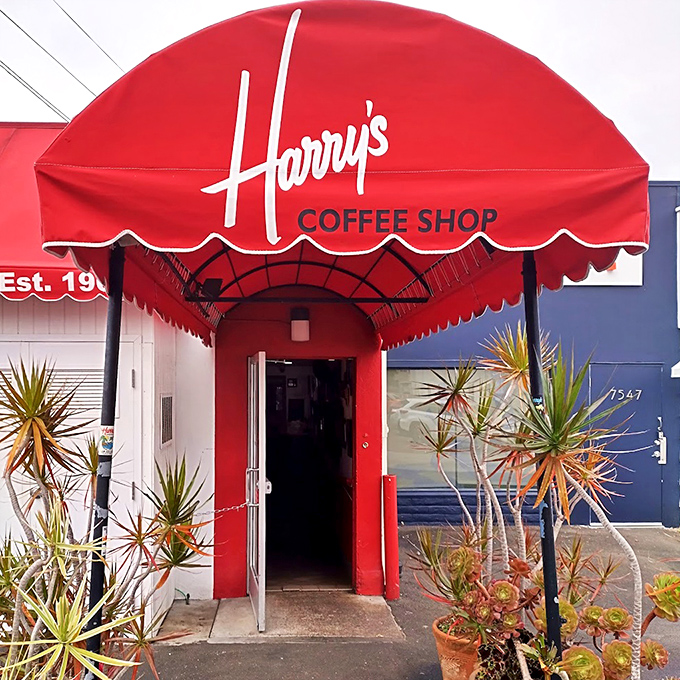 The entrance to Harry's, with its distinctive red awning, serves as a portal to a world where calories don't count and coffee flows freely.