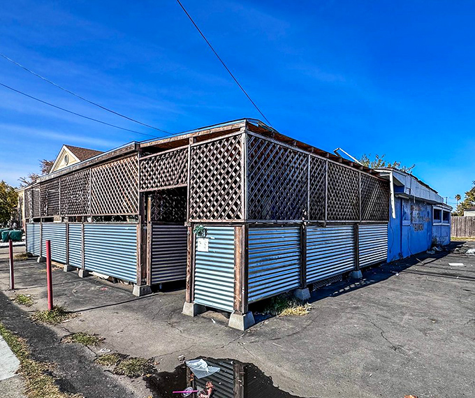 The latticed patio offers a sheltered spot to savor your feast, with artwork that adds to the feeling you're dining in someone's lovingly decorated home.