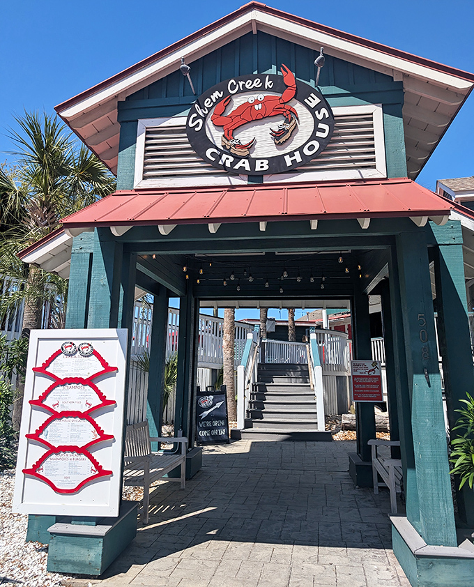 The entrance promises seafood adventures ahead &ndash; that crab logo isn't just decoration, it's practically waving you inside.