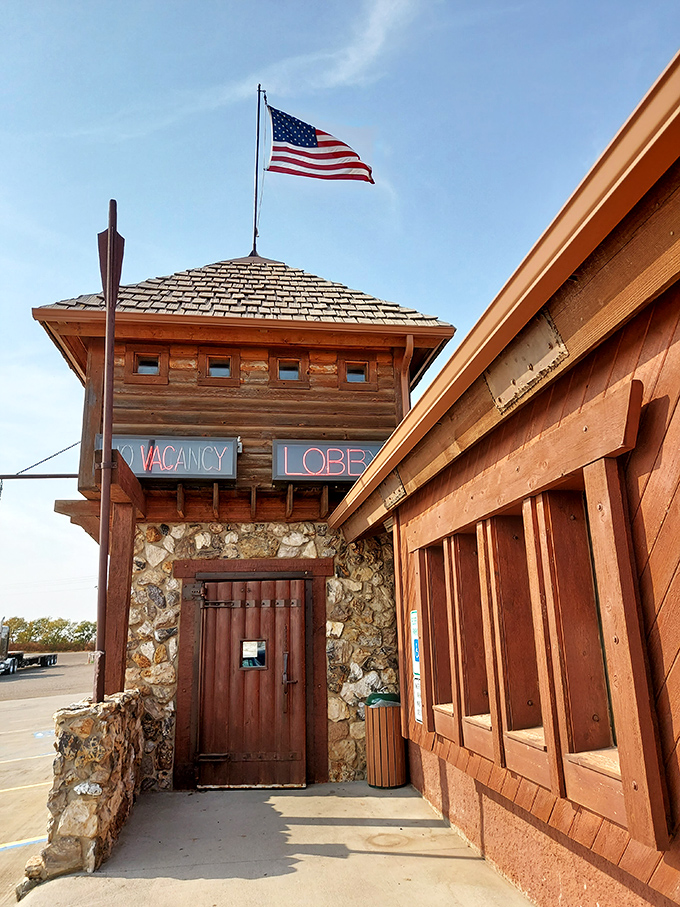 The entrance promises rustic charm with its stone foundation and wooden beams. Like walking into a frontier trading post.
