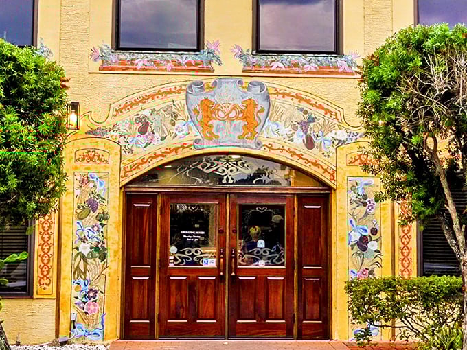 Hand-painted entrance murals transport you to Old World Europe before you've even stepped through the wooden doors.