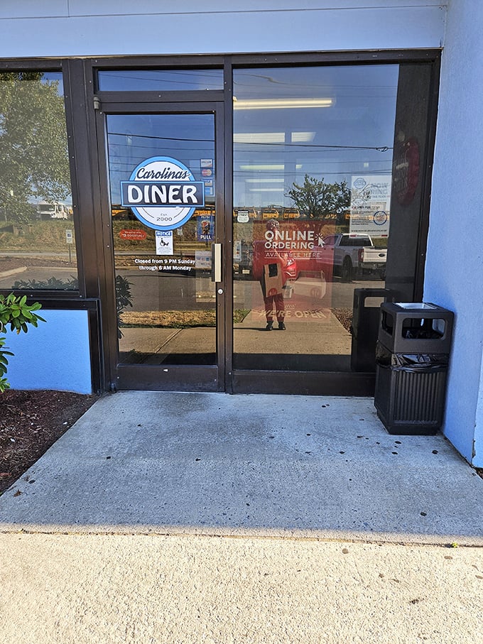 The entrance promises online ordering for modern convenience, but nothing beats walking through these doors into the aromatic embrace of diner magic.
