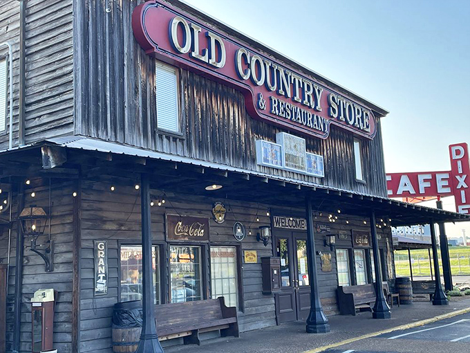 The rustic exterior glows in the afternoon light, a beacon of Southern hospitality that's been drawing hungry travelers off the highway for decades.