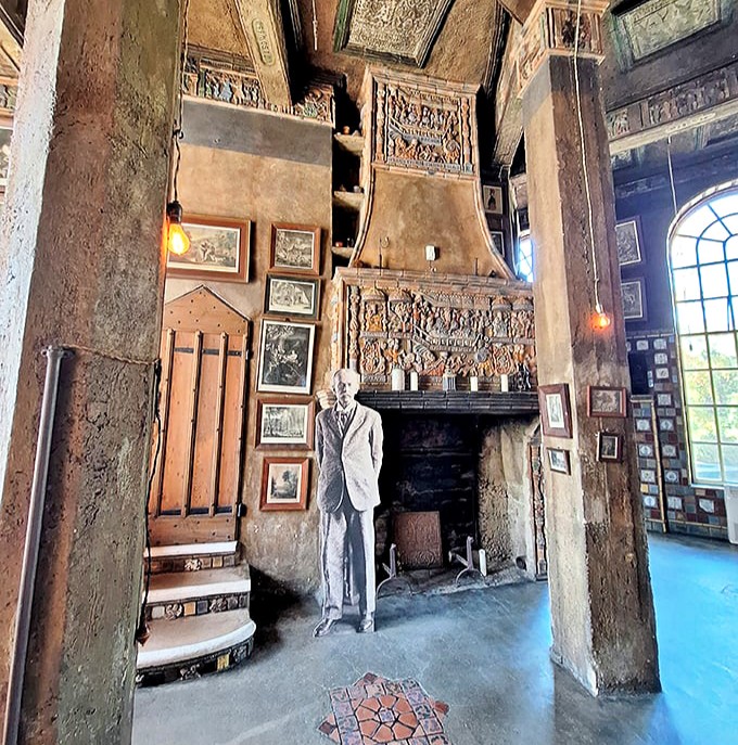 That fireplace isn't just for warmth – it's practically wearing jewelry with its elaborate tile embellishments.