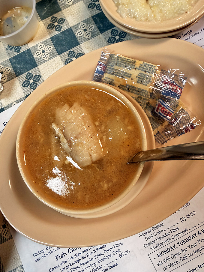A bowl of fish stew that warms you from the inside out, complete with saltines&mdash;Southern comfort in liquid form.