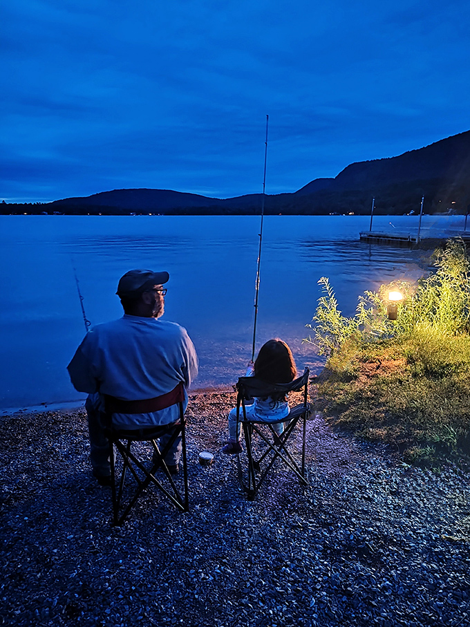 Evening fishing sessions under twilight skies create those father-daughter memories that last multiple lifetimes. 