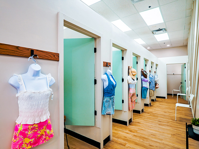 Fitting rooms that respect your dignity. Spacious, clean, and well-lit&mdash;the holy trinity of dressing room requirements.