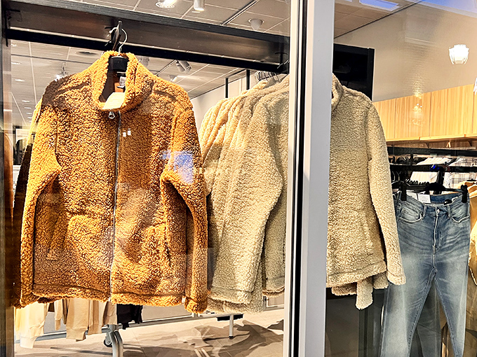 Fuzzy fleece jackets hanging like teddy bears waiting for adoption. Perfect for those three days of actual winter or overly-aggressive office air conditioning. 