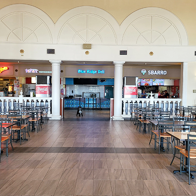 The food court's elegant columns and diverse offerings prove that mall dining needn't be a culinary compromise.