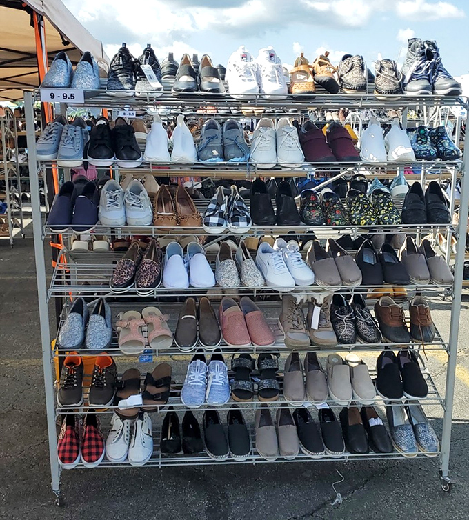 Shoe shopping nirvana arranged in tidy rows, where patient browsers might discover that perfect pair hiding in plain sight.