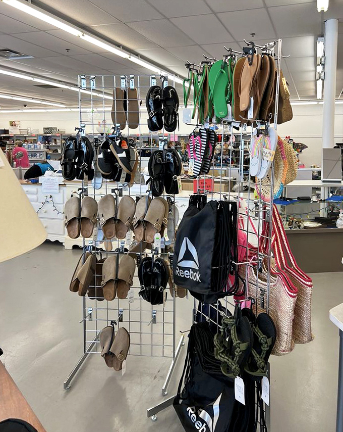 Footwear for every Florida occasion, from beach flip-flops to Birkenstock-style comfort, all hanging in neat, budget-friendly rows.