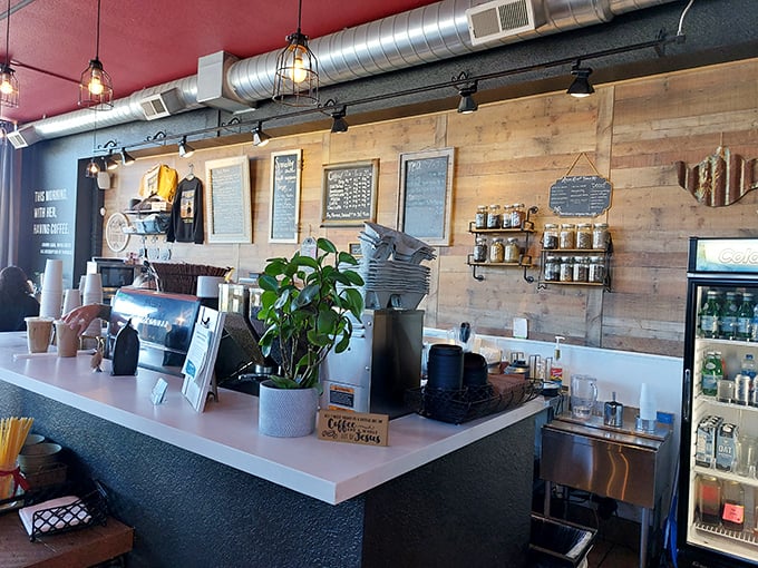 The counter's rustic wood backdrop and carefully arranged jars hint at the thoughtful details that elevate Two Chicks above ordinary diners.