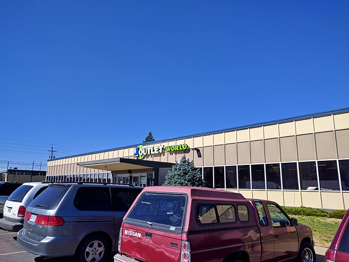 The exterior view on a perfect Colorado day&mdash;blue skies above match the blue bins inside, nature's way of color-coordinating the treasure hunt.