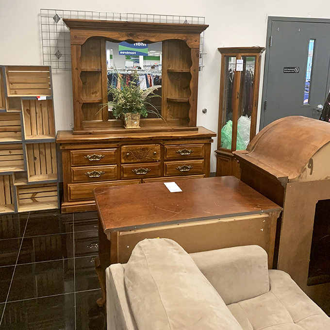 Solid wood furniture with character awaits its next chapter. That hutch has seen more family dinners than most restaurants, and it's ready for yours.