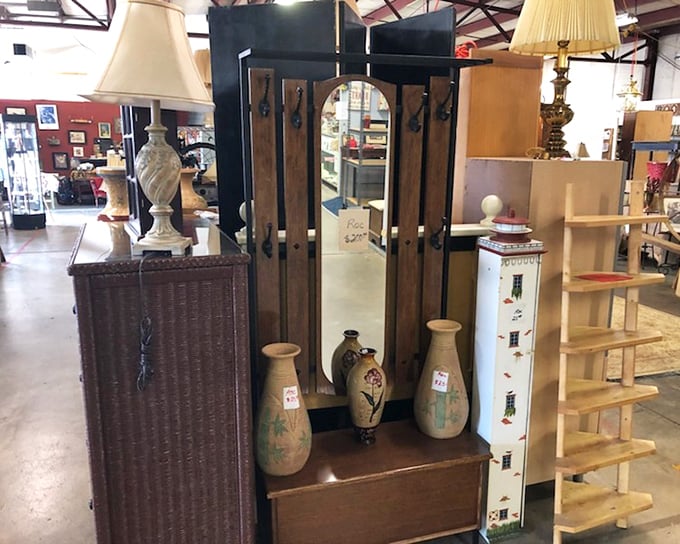 Vintage furniture with character and patina stands ready for its close-up. That hall tree with mirror would solve your entryway organization issues instantly.