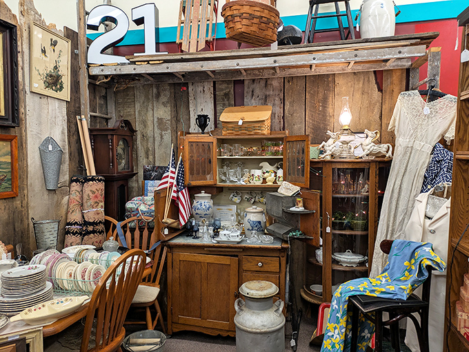 This rustic booth feels like walking into a rural grandmother's kitchen, where everything has a story and nothing is just decoration.