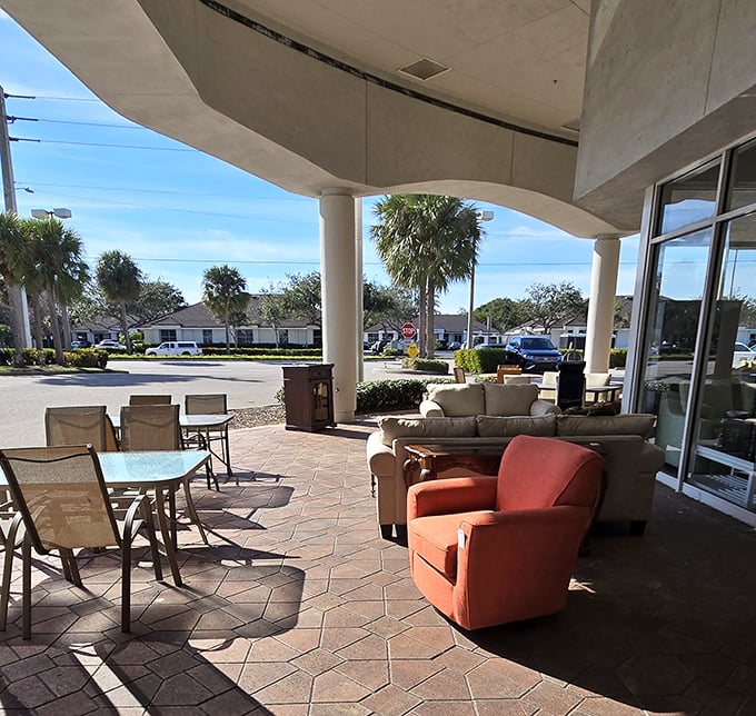 The outdoor furniture preview offers a taste of what awaits inside&mdash;like appetizers before the main thrifting feast.