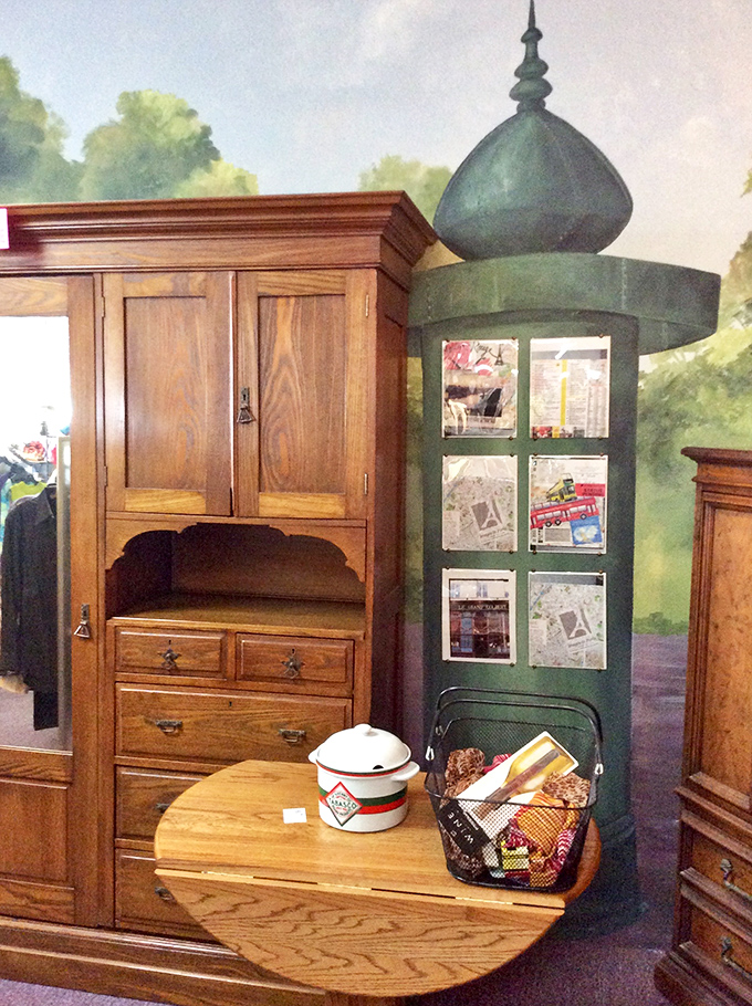 Solid wood furniture that they just don't make anymore, staged against a whimsical mural. Quality pieces waiting for their second chapter.