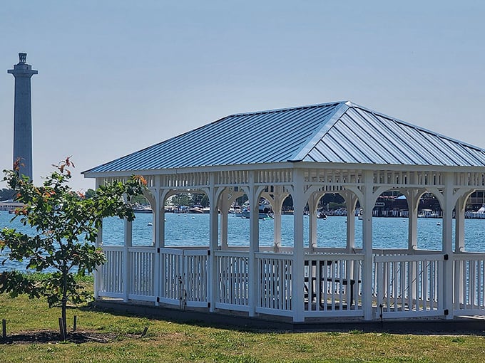 The park's pristine gazebo frames Lake Erie views like a masterpiece, offering shelter and style with equal measure.