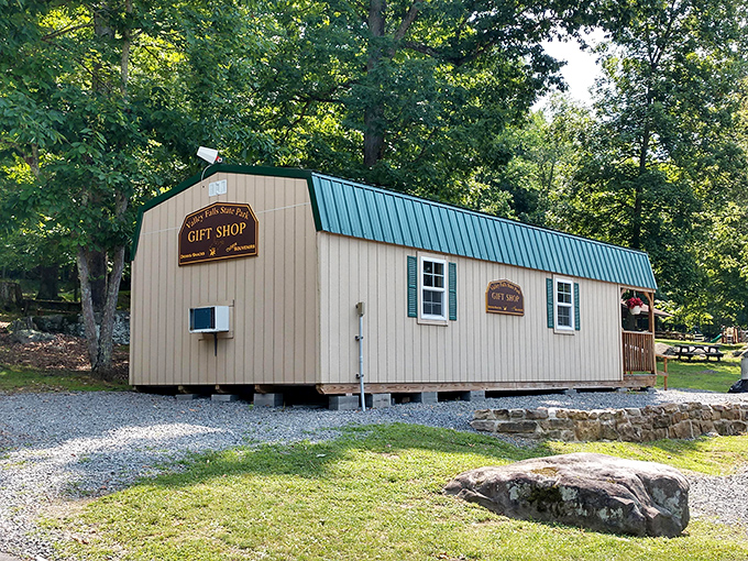 The gift shop stands as a humble outpost of civilization, where you can take home a piece of Valley Falls without disturbing a single stone.