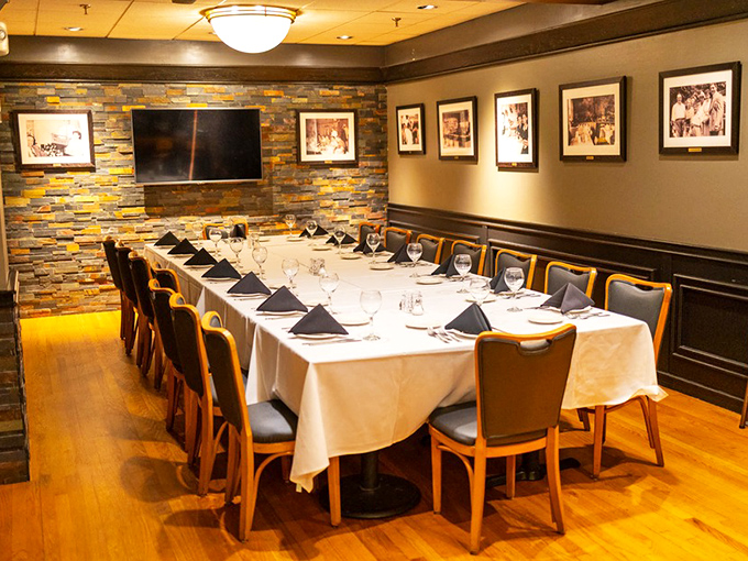 The private dining room where family legends are born over pasta, with stone accents that could have been imported directly from Tuscany.