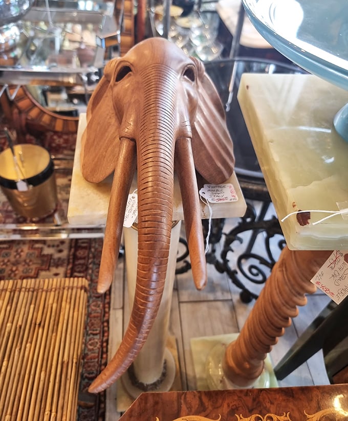 A wooden elephant head so detailed, you can almost hear the trumpeting from here.