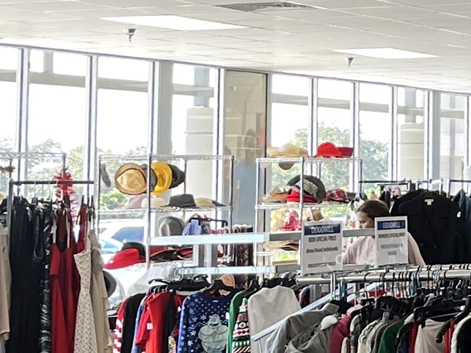 The hat section: where you can try on new personalities for less than the price of a fancy coffee. That fedora has stories to tell. 