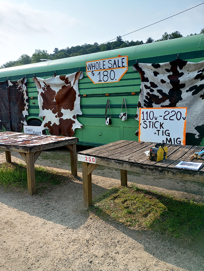 Cowhide central, where urban cowboys and rustic decorators converge. That welding equipment sign suggests this vendor has skills beyond leather preparation.