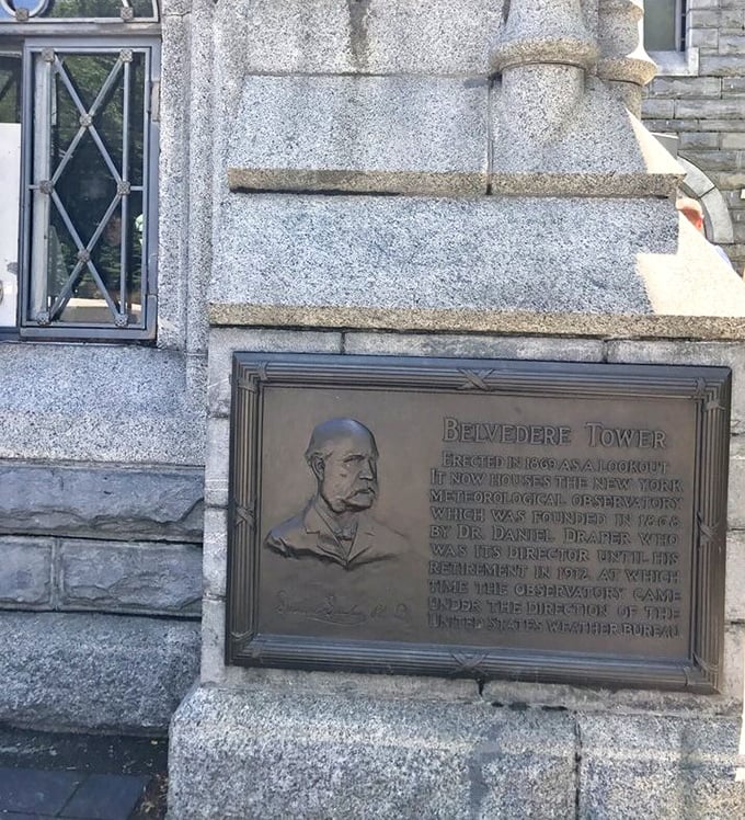 History set in stone. This commemorative plaque reveals Belvedere Tower's meteorological past, when weather predictions began from this very spot.