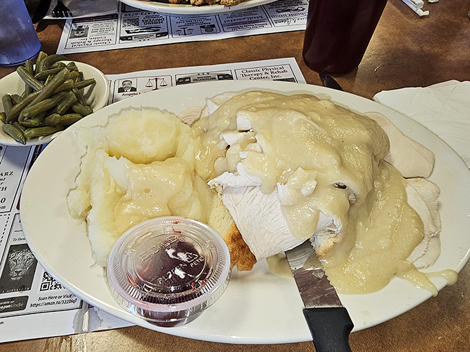 Hot turkey dinner that tastes like Thanksgiving without the family drama. That gravy could solve international conflicts.