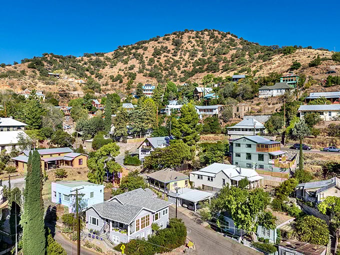 Bisbee's homes cling to hillsides in a colorful patchwork, each one positioned to catch both the sunrise and the envy of flat-land dwellers everywhere.