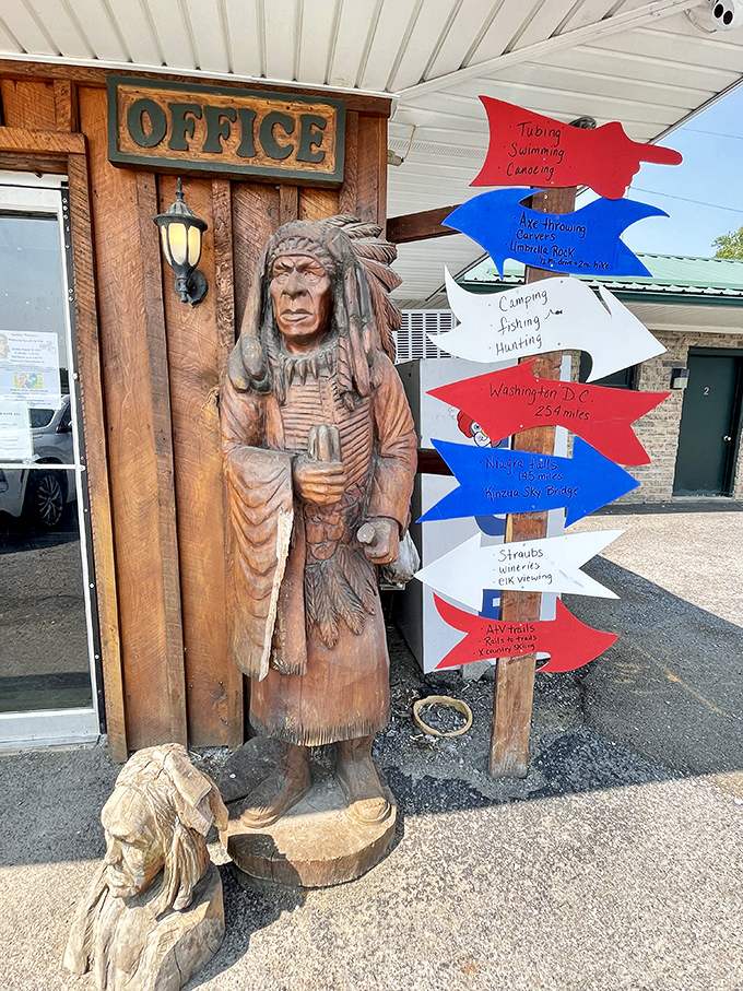 Carved wooden figures and colorful directional signs remind you that in Pennsylvania's woods, adventure and good eating go hand in hand.