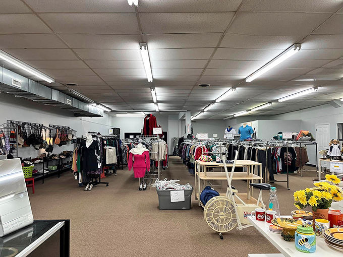 A thrifter's paradise where clothing, home goods, and unexpected treasures coexist in perfect harmony. That bicycle planter is practically calling your name.