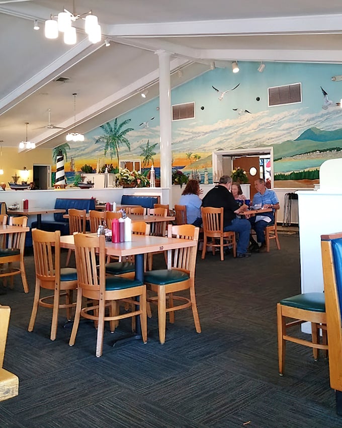 Another angle of the dining room reveals more coastal murals. Like eating inside a seaside daydream, minus the sand in uncomfortable places.