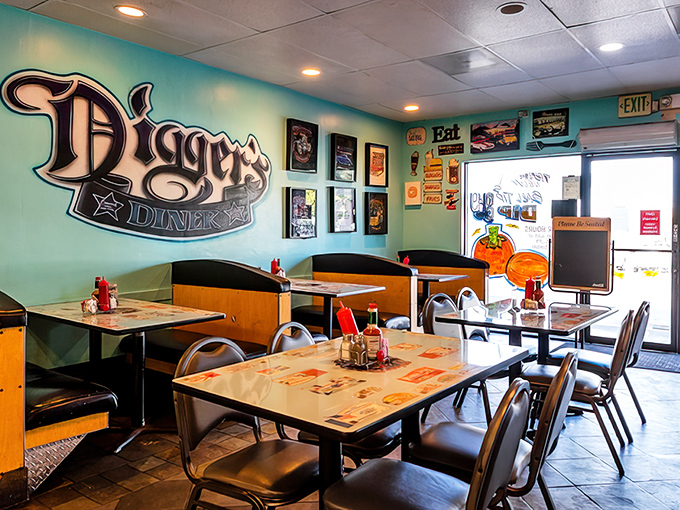 Teal walls adorned with memorabilia create that perfect diner atmosphere&mdash;not too polished, not too rustic, just right for comfort food consumption.