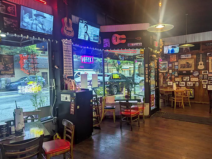 The evening glow transforms this barbecue joint into something magical, where neon signs and string lights create the perfect meat-eating ambiance.