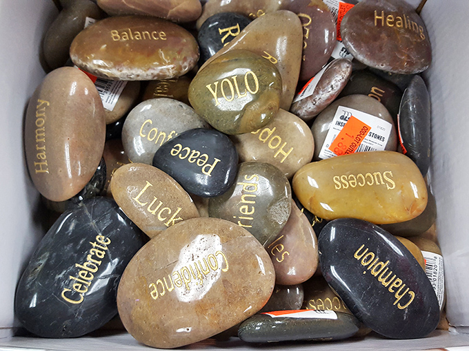 Inspirational stones offering "Balance," "Hope," and "YOLO" wisdom for your garden or desk—philosophical decor that doesn't require deep pockets.